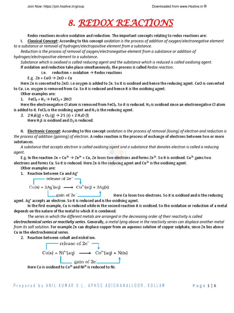 Hsslive Xi Chem Notes Anil CH 8. REDOX REACTIONS | PDF | Redox ...