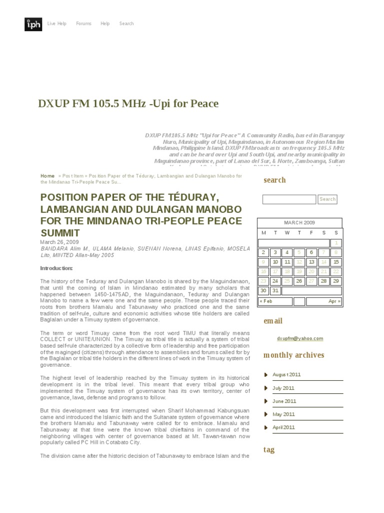 Position Paper of The Téduray, Lambangian and Dulangan Manobo For The ...