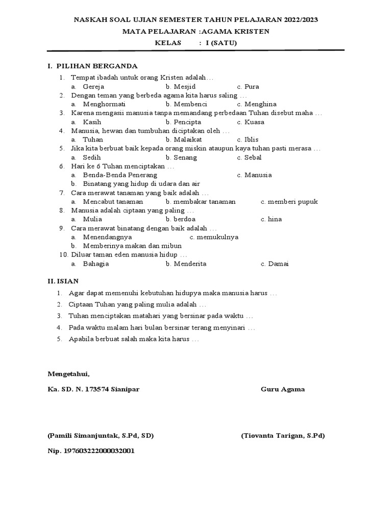 Soal Ujian Kelas 1 | PDF