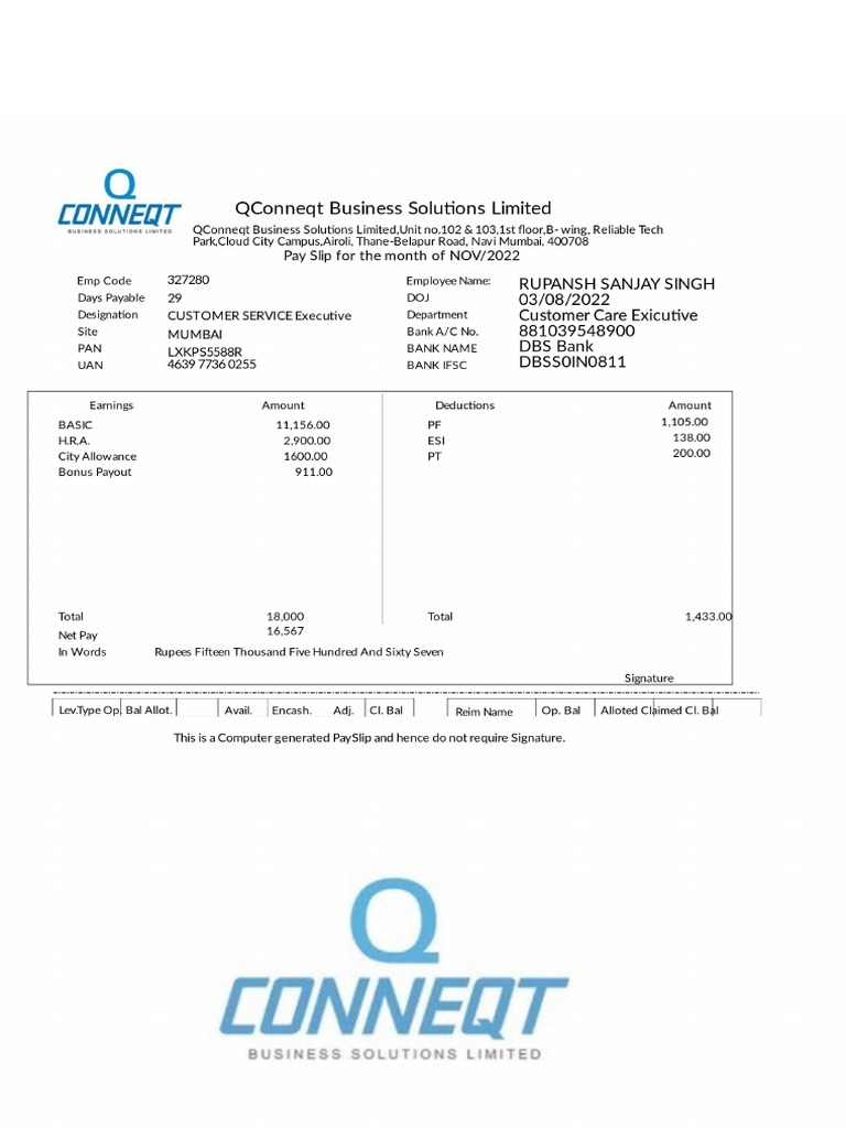 Q Connect Nov Salary Slip | PDF