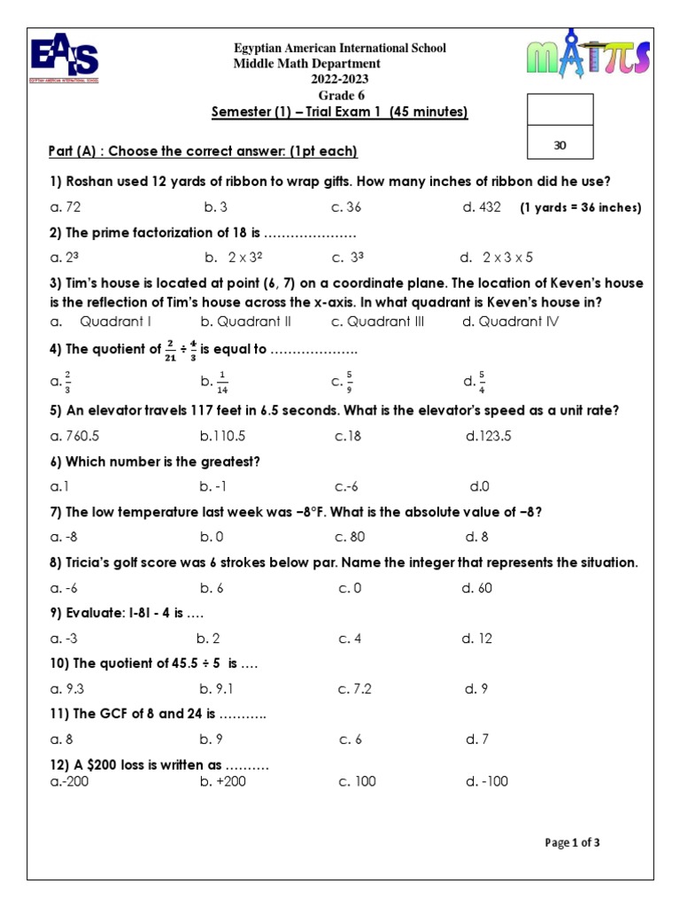 G6-Semester 1 - Trial Exam 1 22-23 | PDF | Cartesian Coordinate System ...