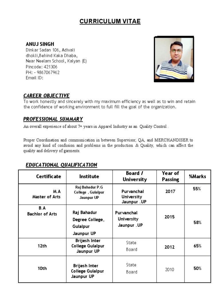 Anuj Singh - Apparel Quality Control CV | PDF | Clothing | Consumer Goods