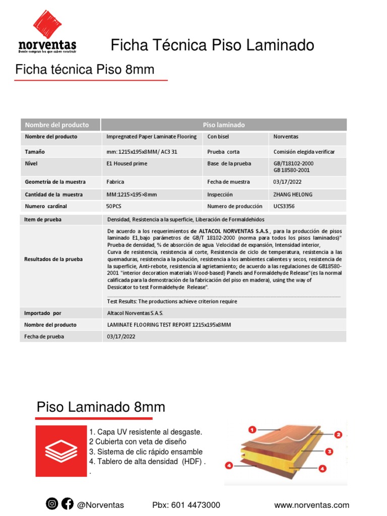 Ficha Tecnica 1 Piso Laminado de 8MM | PDF