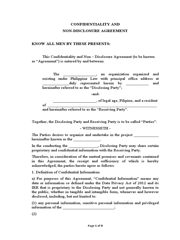 Confidentiality and Non-Disclosure Agreement | PDF | Confidentiality ...