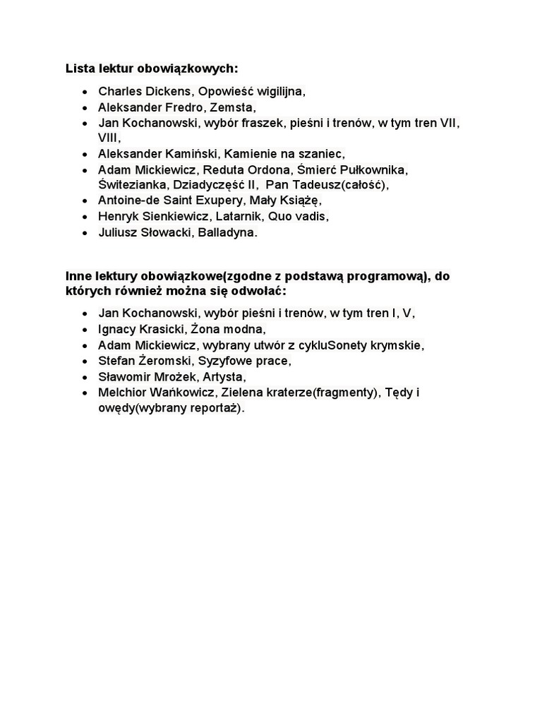 Lista Lektur Obowiązkowych | PDF