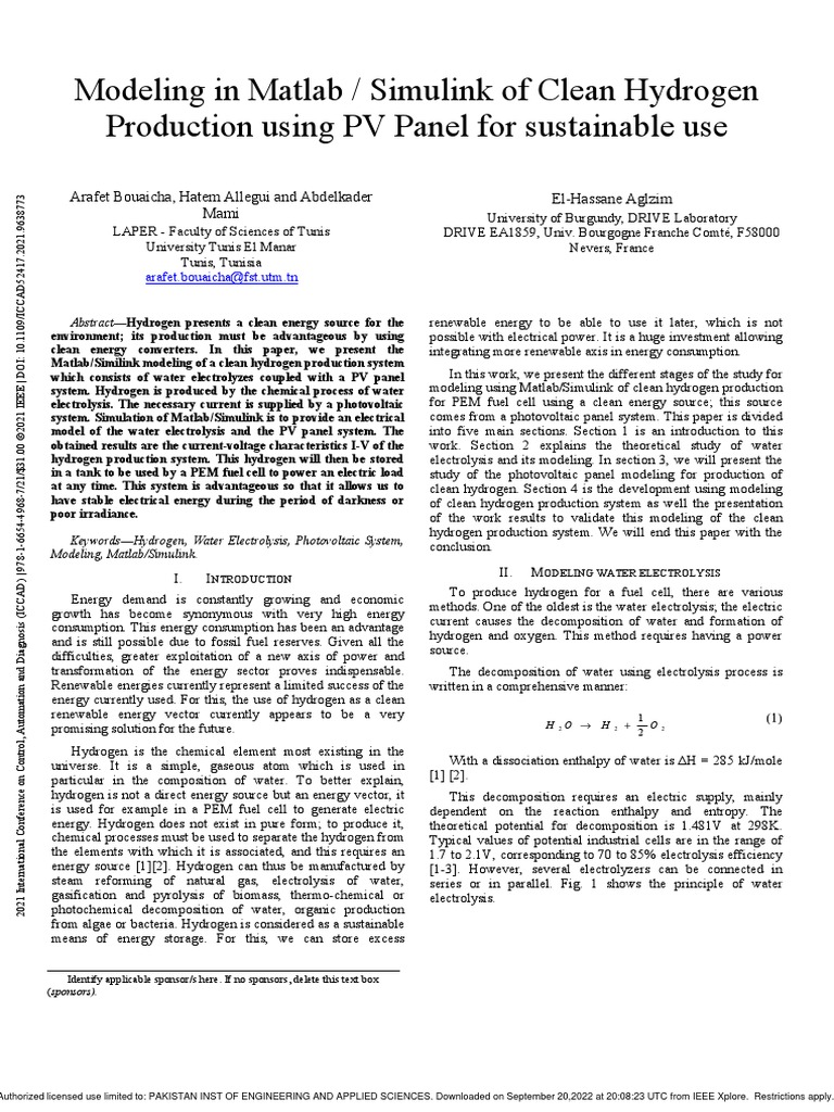 Modeling in Matlab Simulink of Clean Hydrogen Production Using PV Panel ...