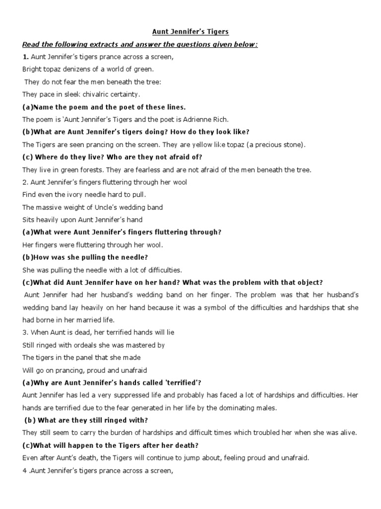 Aunt Jennifers Tigers Poem By Adrienne Rich