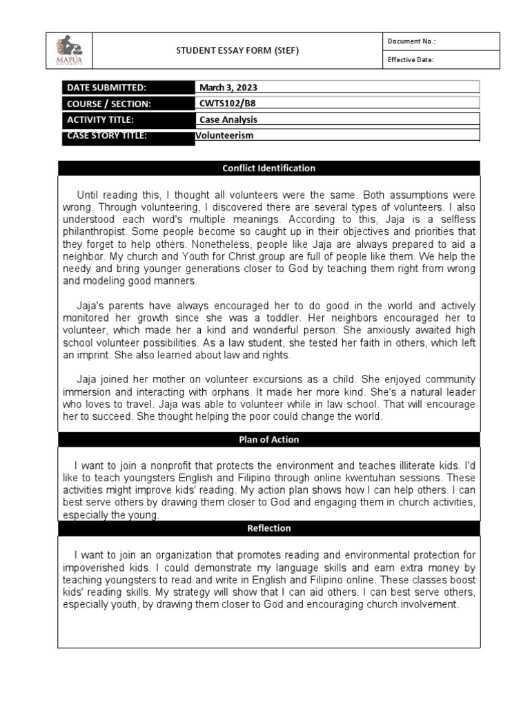 Lovino - B8 - Case Analysis Essay Volunteerism | PDF | Volunteering ...