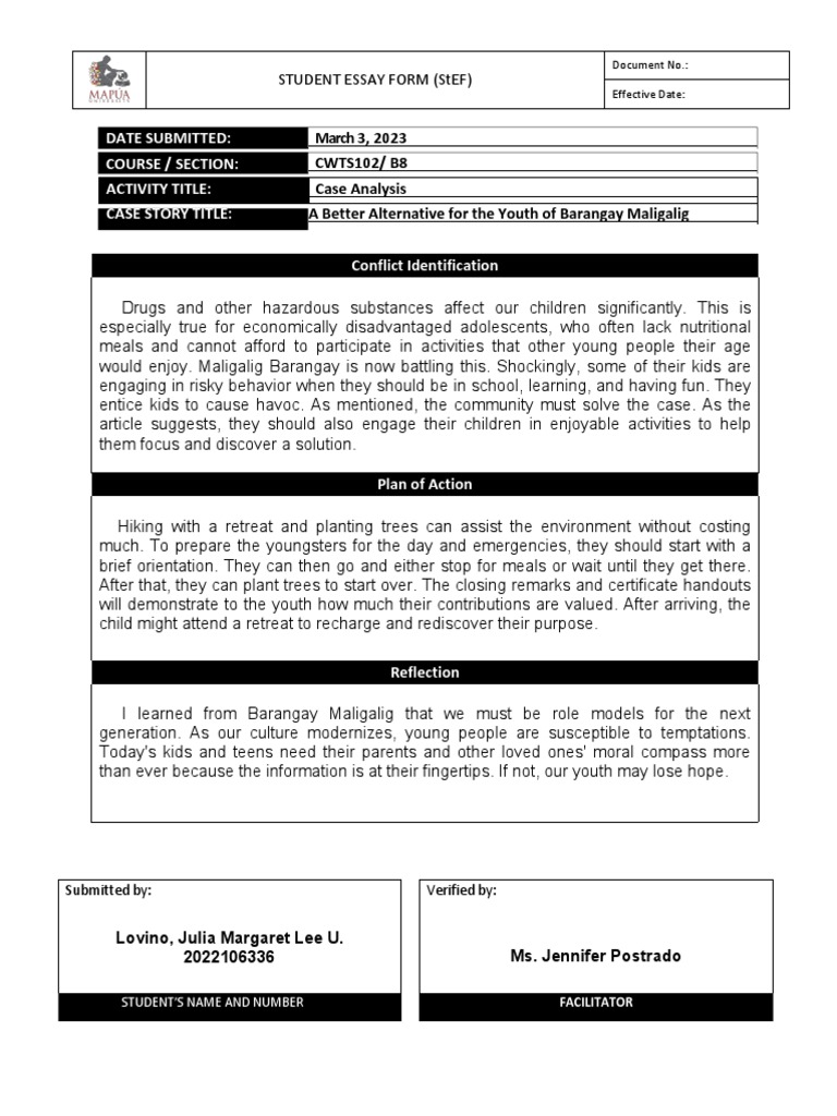 Lovino - B8 - Case Analysis Essay A Better Alternative For The Youth of Barangay Maligalig | PDF ...