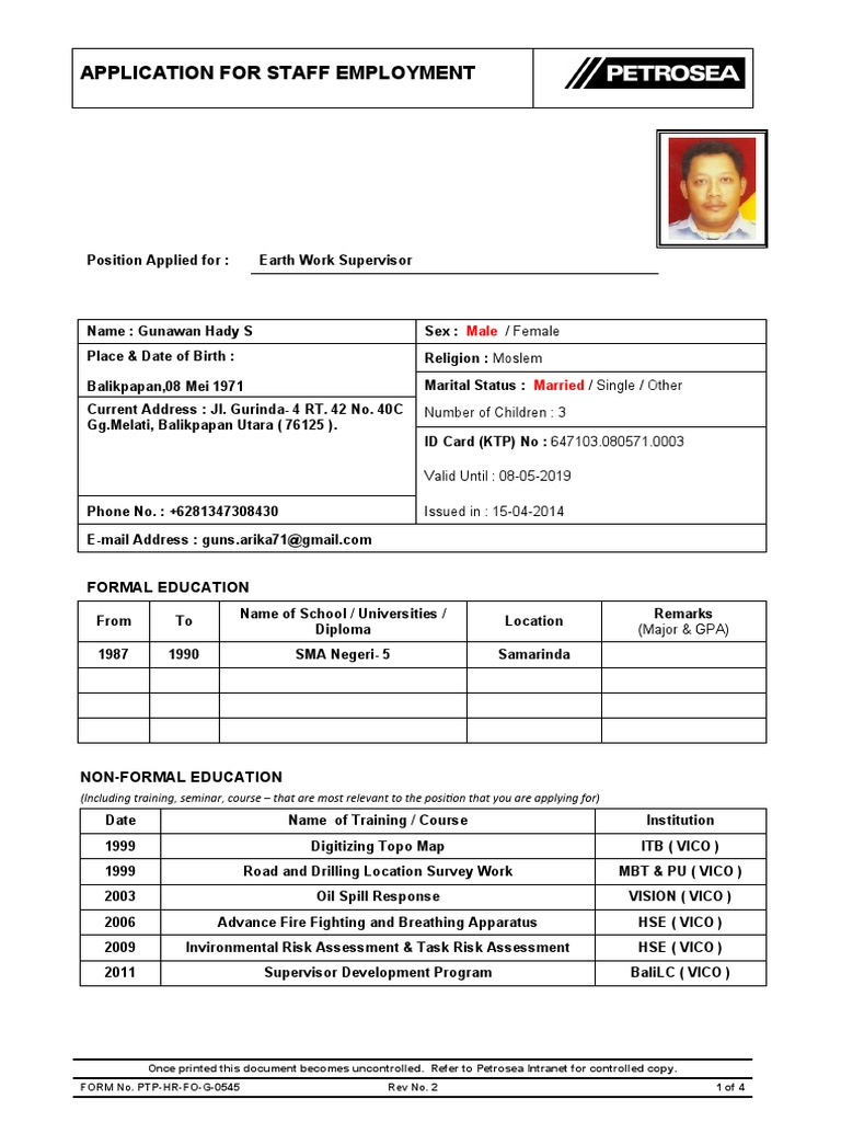 PTP-HR-FO-G-0545 Application For Staff Employment | PDF