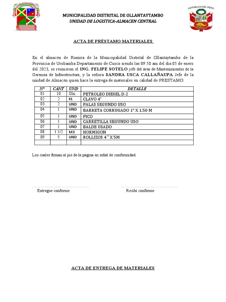 Acta de Prestamo de Materiales | PDF