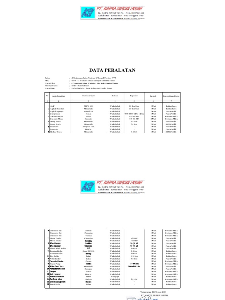 Daftar Isian Peralatan Utama | PDF
