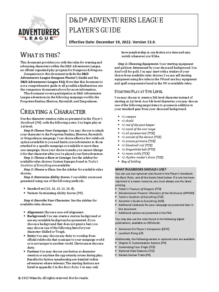 DDAL Players Guide v13.0 | PDF | Dungeons & Dragons | Wizards Of The Coast