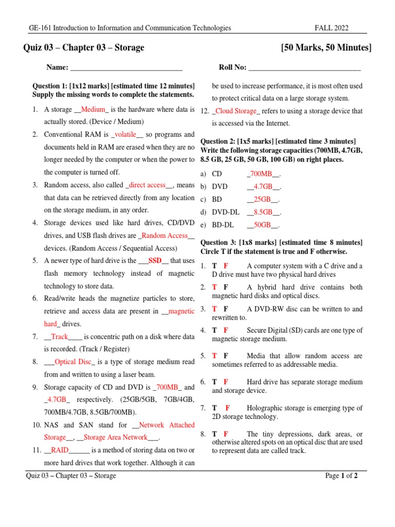 Solution Class Quiz 03 - Chapter 03 - Storage | PDF | Computer Data Storage | Solid State Drive