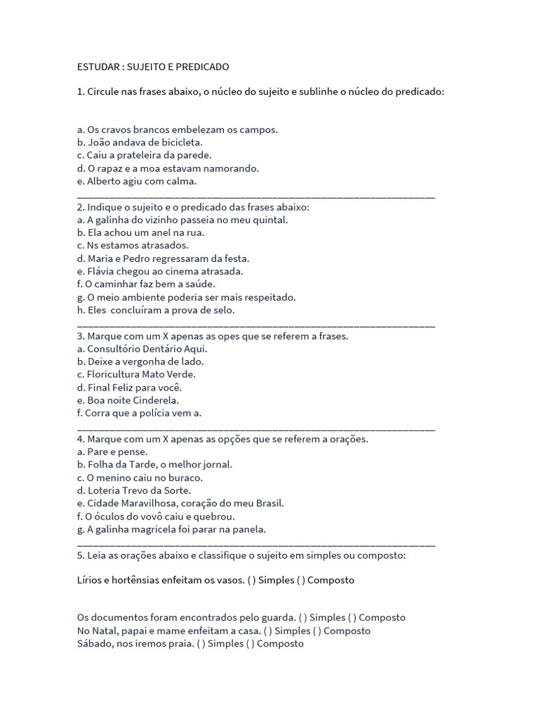 Sujeito e Predicado | PDF | Assunto (gramática) | Gramática