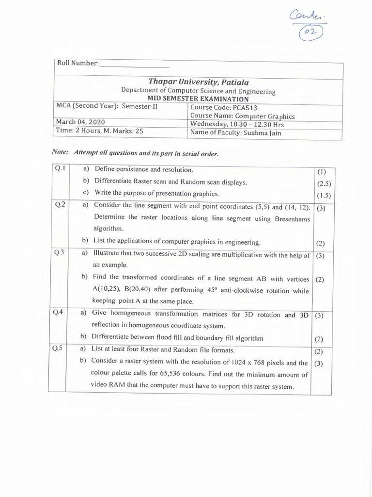 MCA Computer Graphics Exam Questions | PDF