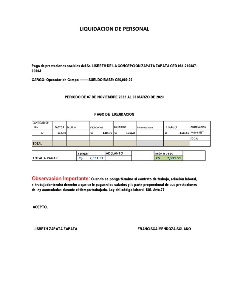 Liquidacion Lisbeth | PDF