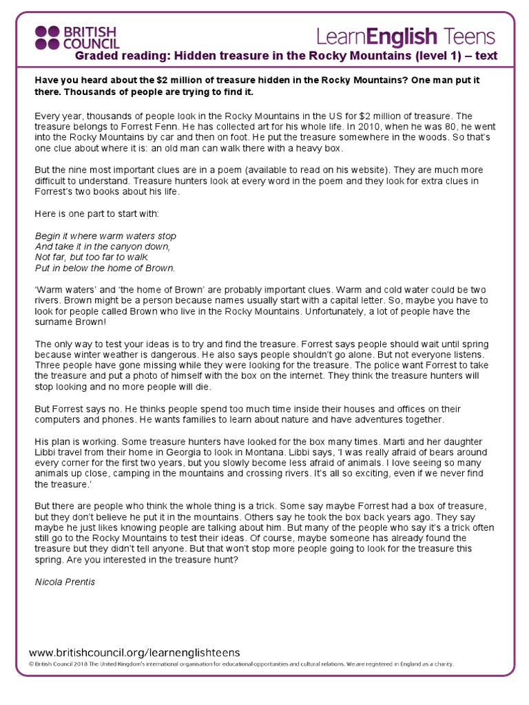 Hidden Treasure in The Rocky Mountains Level 1 - Text | PDF