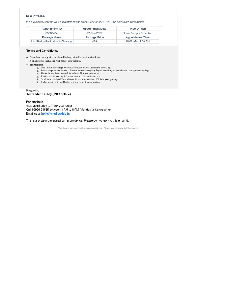 Confirmation Of Home Sample Collection Appointment For Basic Health