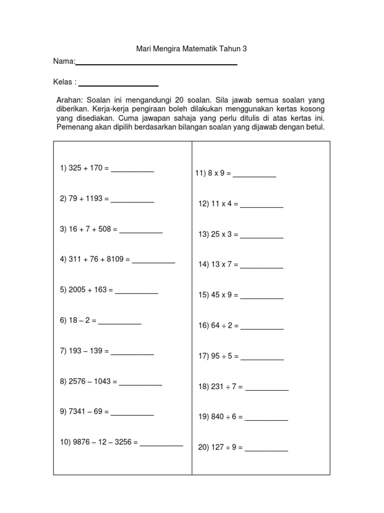 Mari Mengira Matematik Tahun 3 | PDF