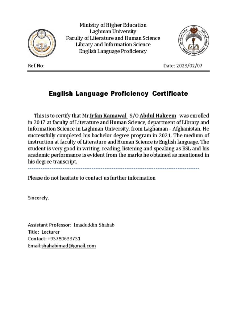 English - Proficiency - Letter Irfan | PDF | Language Arts & Discipline