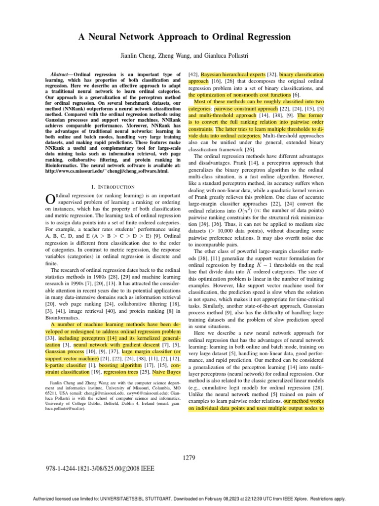 A Neural Network Approach To Ordinal Regression | PDF | Artificial Neural Network | Statistical ...