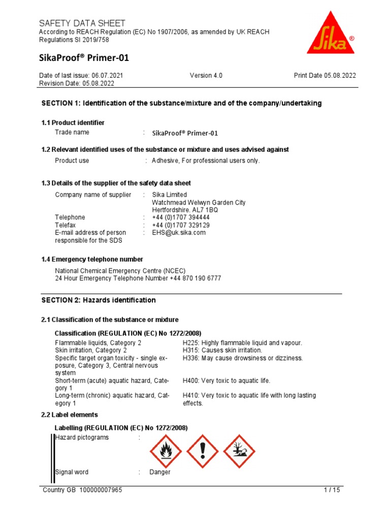 SikaProof® Primer 01 SDS 2 | PDF | Toxicity | Waste