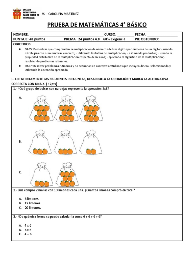 PRUEBA DE MATEMÁTICAS 4° Multiplicación | PDF | Multiplicación
