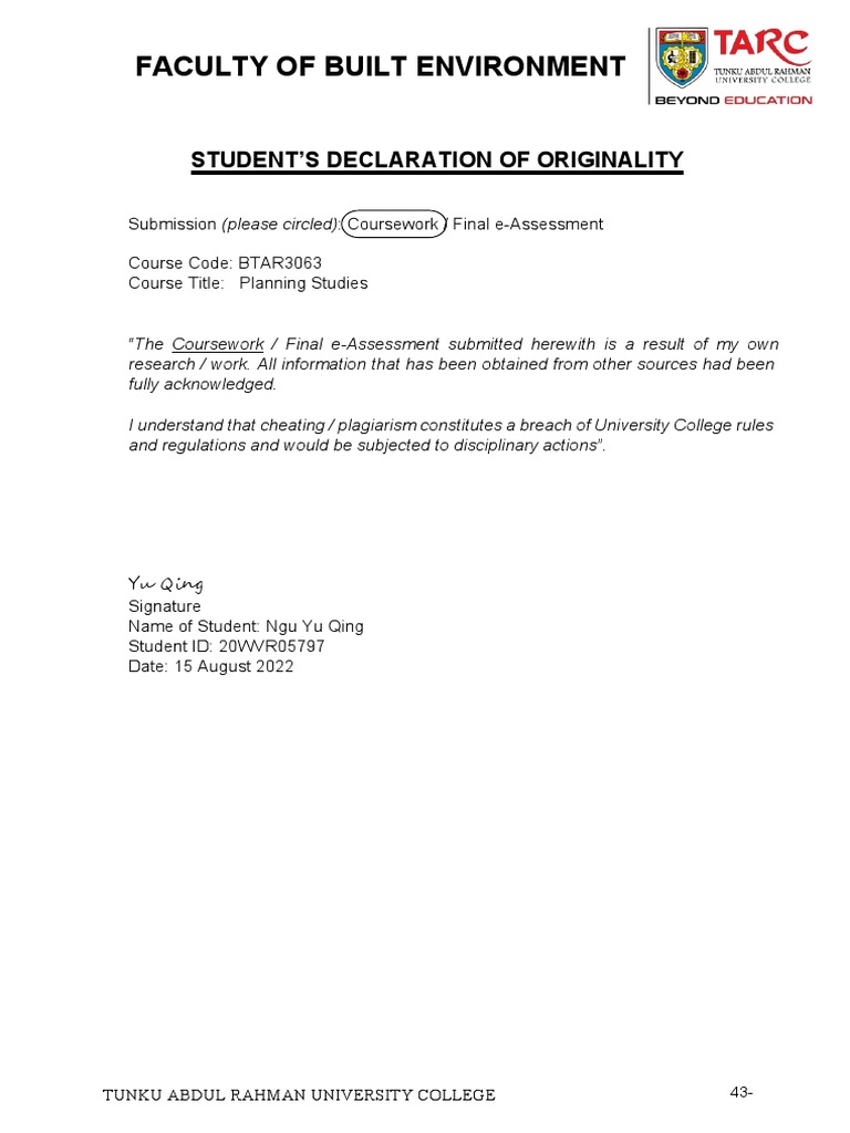 Student Declaration of Originality | PDF | Plagiarism | Psychological ...