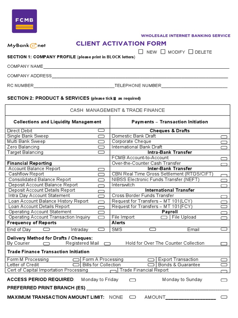 FCMB Corporate Internet Banking Form | PDF | Cheque | Service Industries