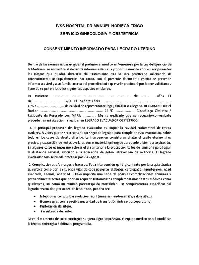 Consentimiento para Legrado Uterino | PDF | Partería | Anestesia