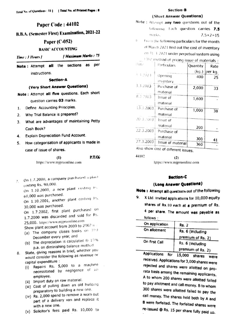 Bba 1 Sem Basic Accounting 44102 2022 | PDF