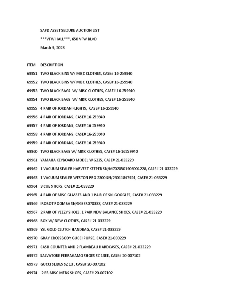 SAPD Seized Property Auction List | PDF | Manufactured Goods | Equipment