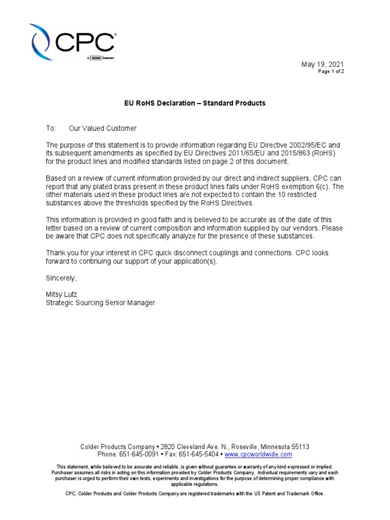 RoHS - CPC Standard and Modified Standard Product Lines | PDF