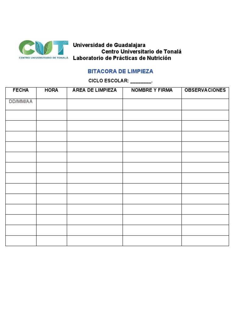 Bitácora de Limpieza Universitaria | PDF