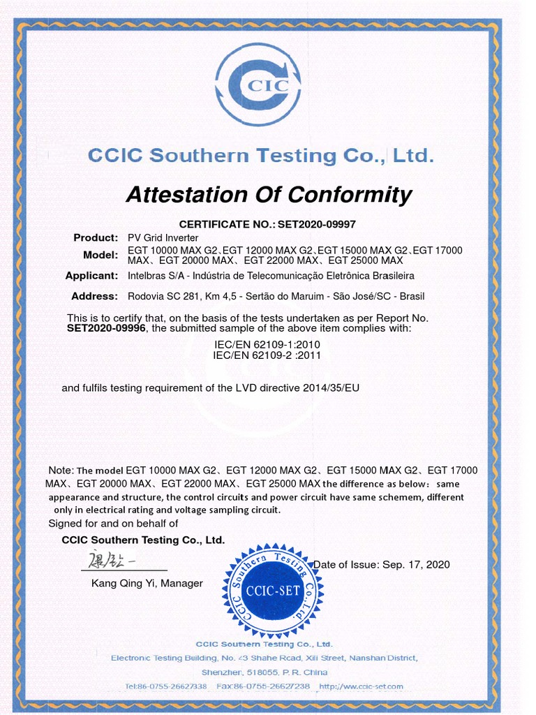 IEC 62109 Compliance for EGT Models | PDF