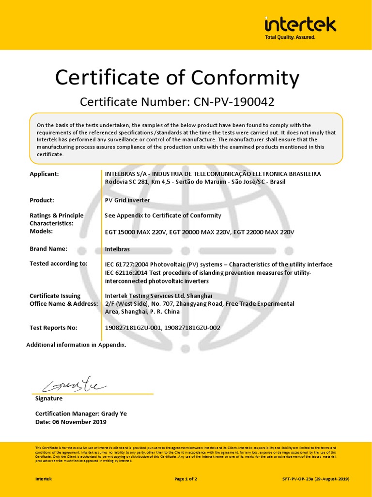 Certificado de Conformidade IEC - EGT 15000 22000 MAX 220V | PDF ...