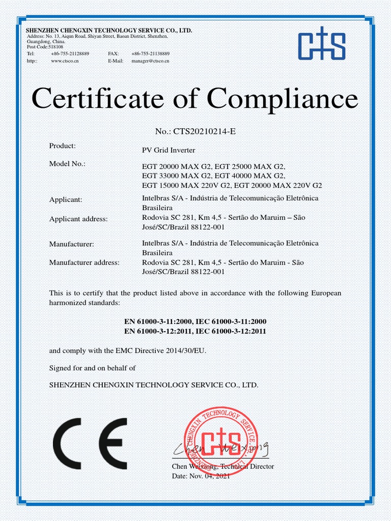 Certificate of Compliance for Intelbras PV Grid Inverters Conforming to ...