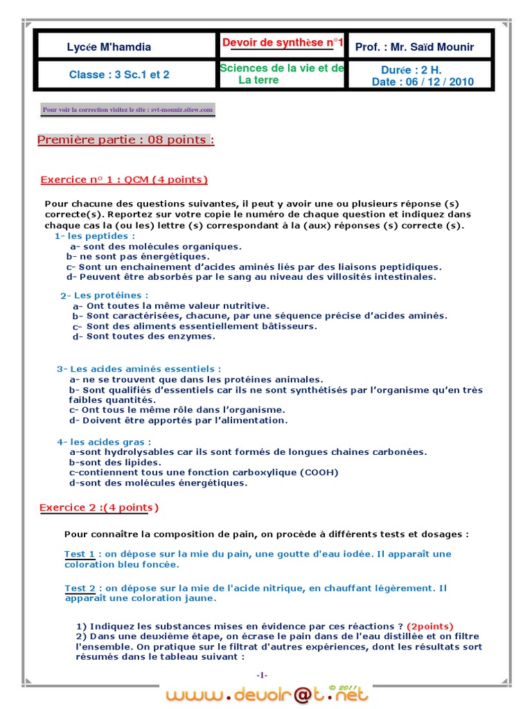Devoir corrigé SVT 3ème - QCM et exercices | PDF | Acide aminé | Protéines