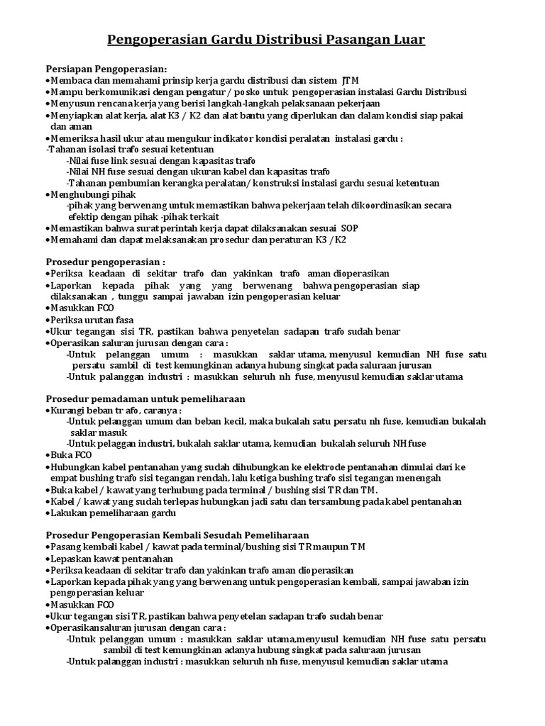 Pengoperasian Gardu Distribusi | PDF | Teknologi & Rekayasa