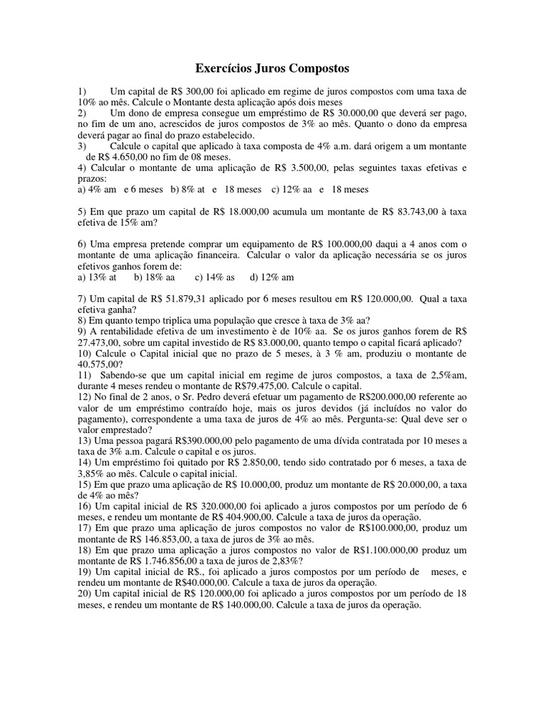Exercícios Juros Compostos Lista 1 | PDF | Juros | Comércio
