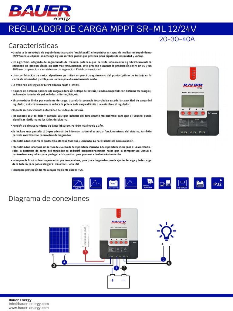 Ficha Tecnica Regulador MPPT Bauer SR ML 12 24 | PDF | Fotovoltaica ...