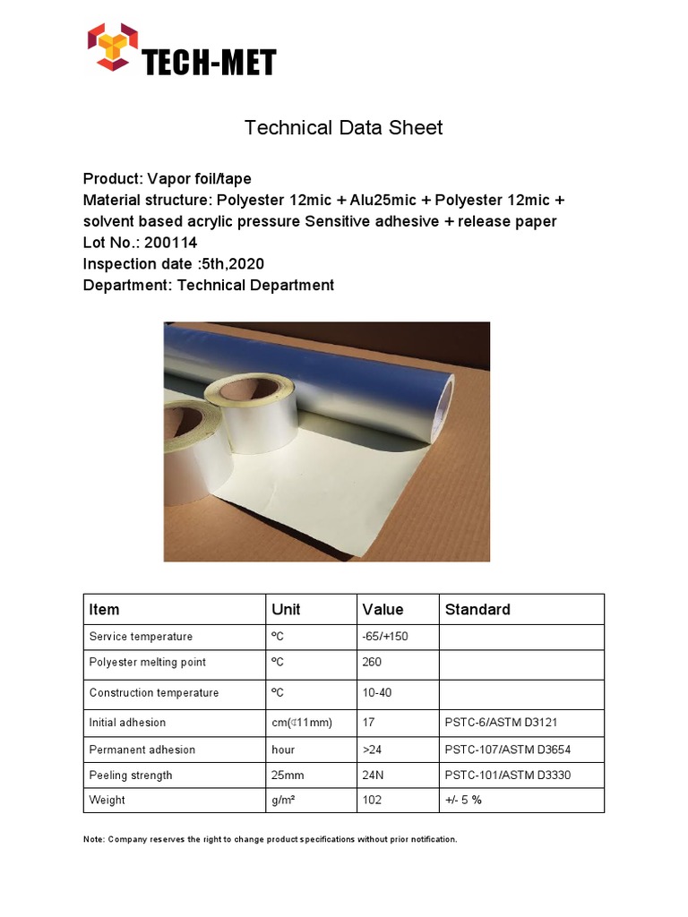 Technical Specifications and Performance Data for Vapor Foil/Tape with Polyester and Aluminum ...