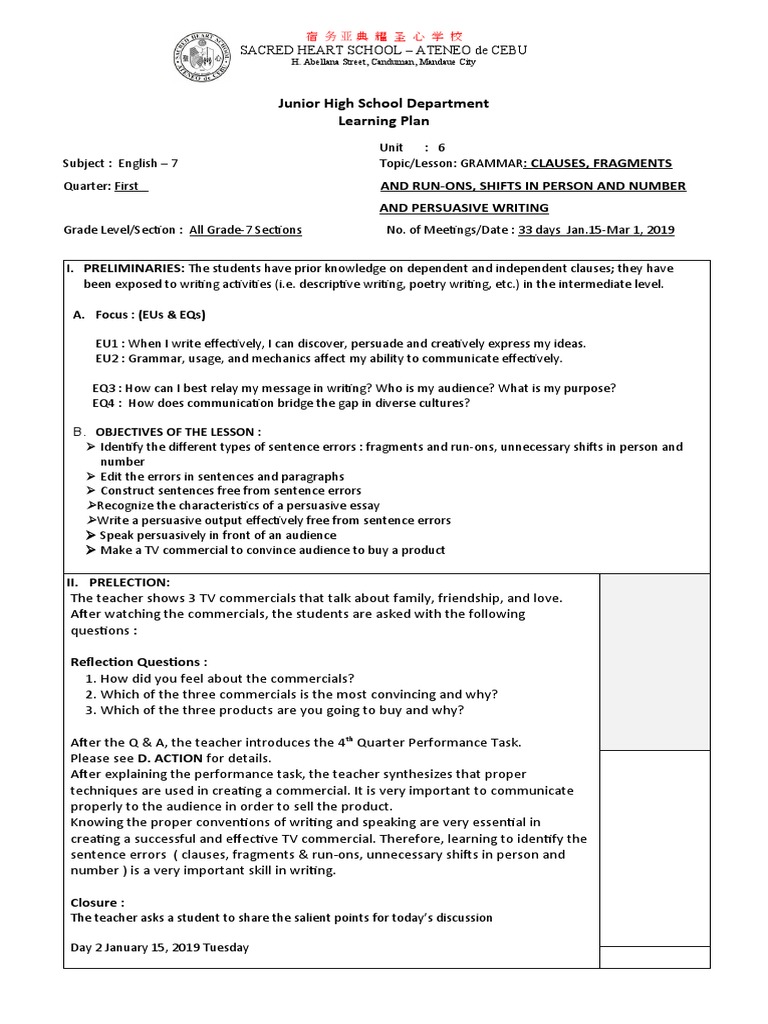 Learning Plan Persuasive Writing - Clausesfragmentsshifts1819 | PDF ...
