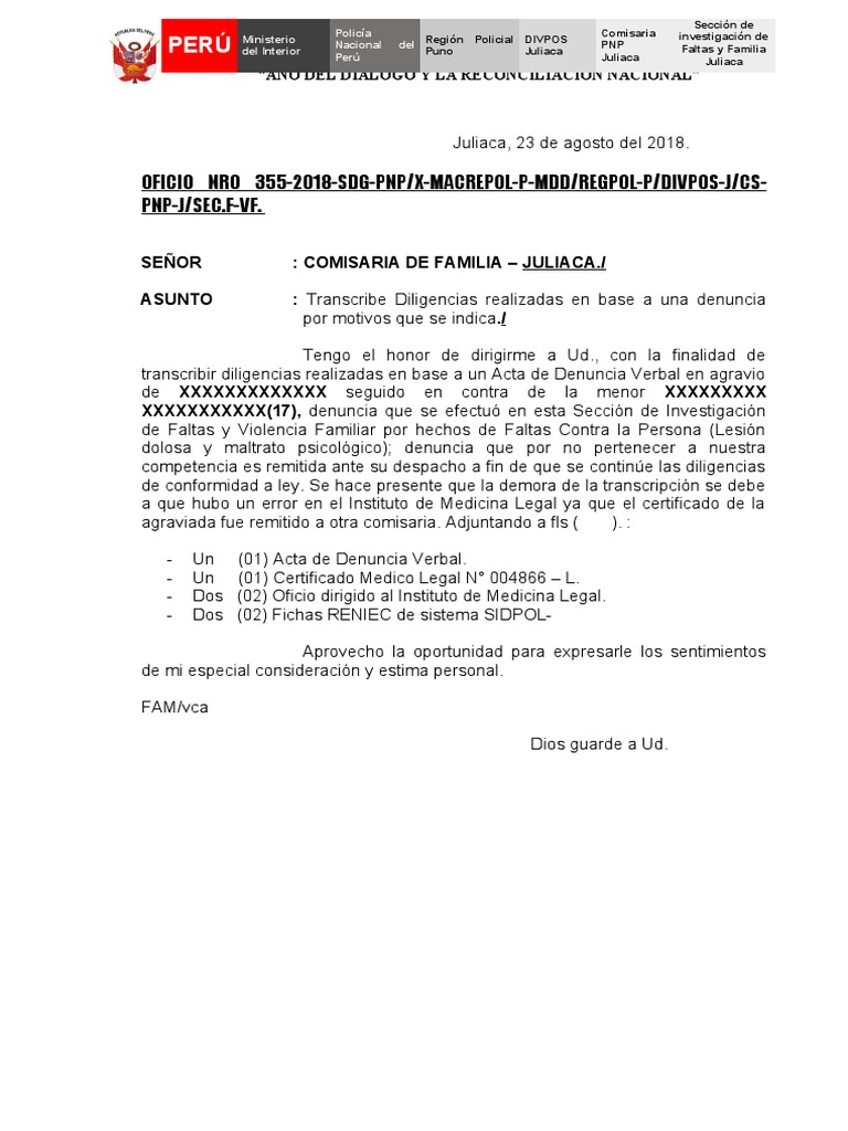 Oficio de Transcripcion de Denuncia - Jorge Franco Armaza Deza | PDF