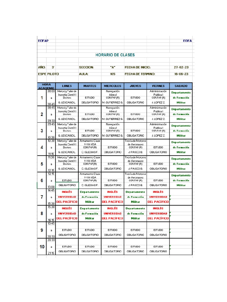 Horario Cadetes 3ro A 2023-1 | PDF