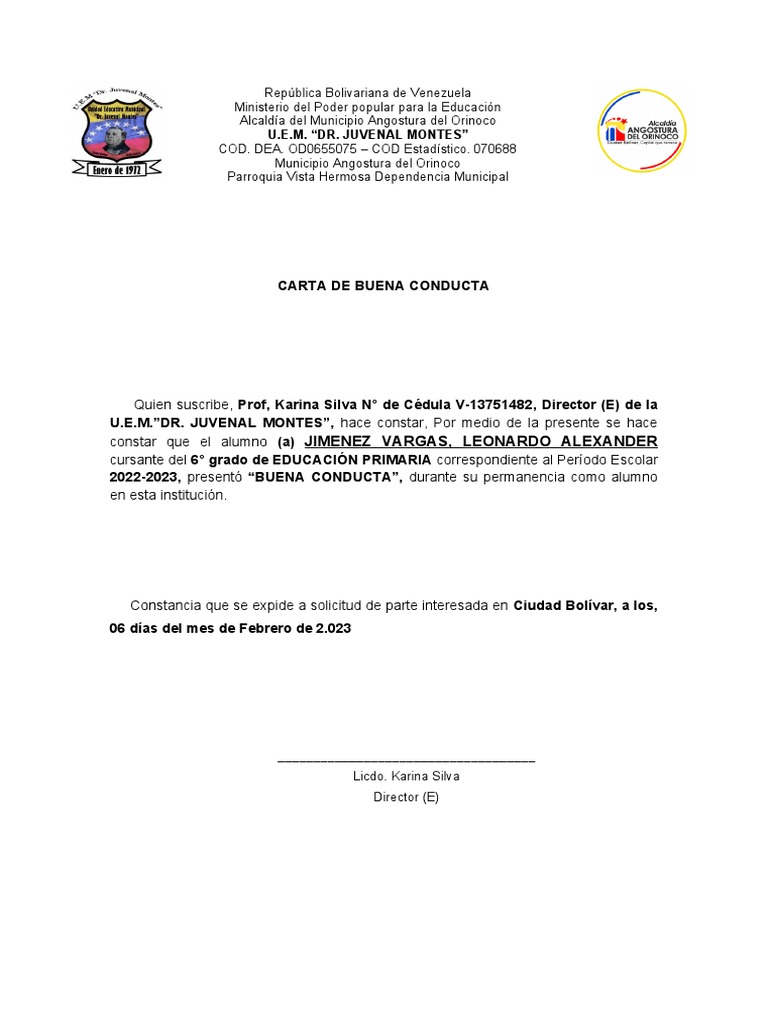 Carta de Buena Conducta | PDF | Relaciones personales, crianza y ...