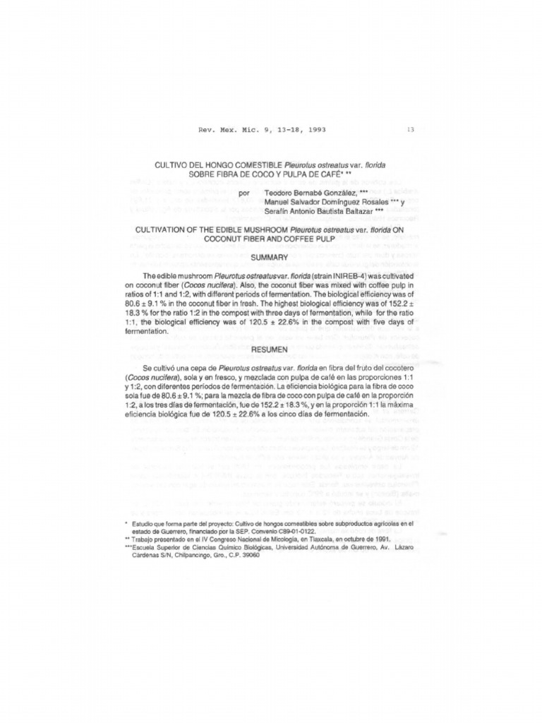 Art. Cultivo Del Hongo Comestible P. Ostreatus Var. Floridanus MSDR ...