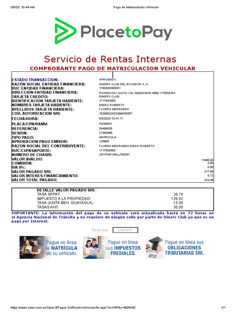 Comprobante de pago de matriculación vehicular realizado con tarjeta de ... Comprobante de pago de matriculación vehicular realizado con tarjeta de ...