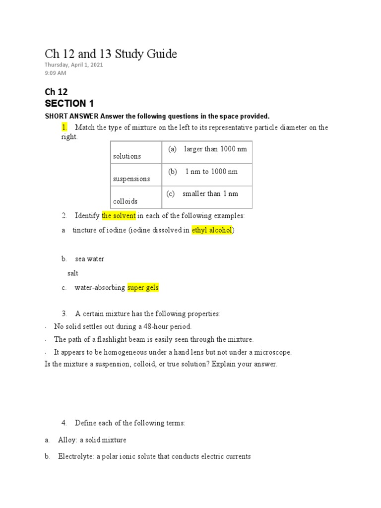 CH 12 and 13 Study Guide | PDF | Solubility | Mixture